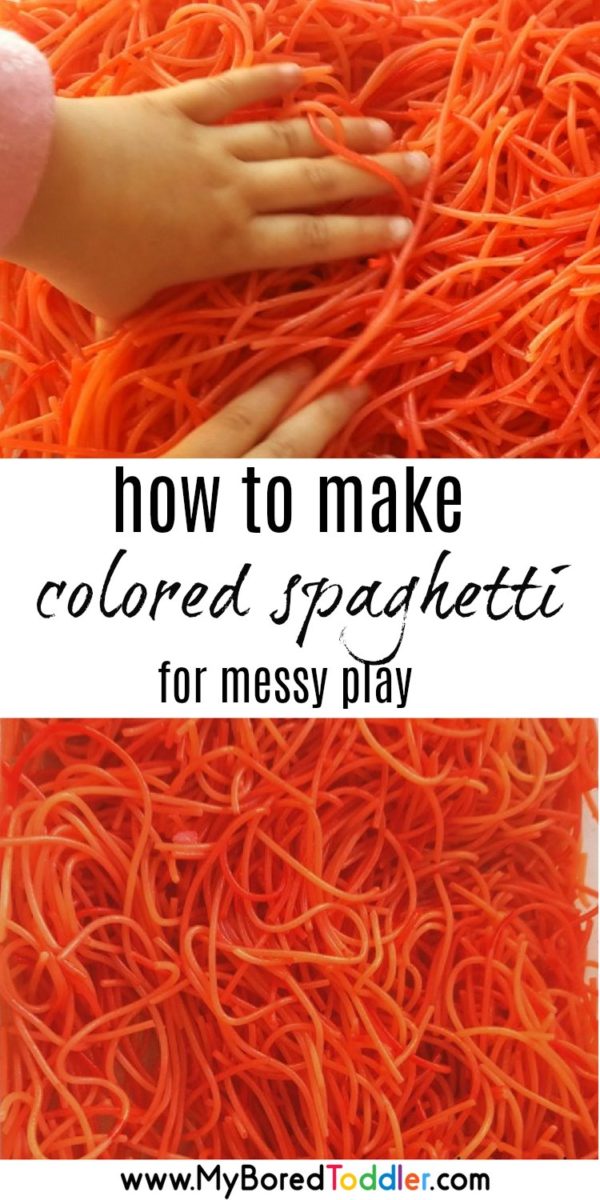 How to color spaghetti for messy play - My Bored Toddler