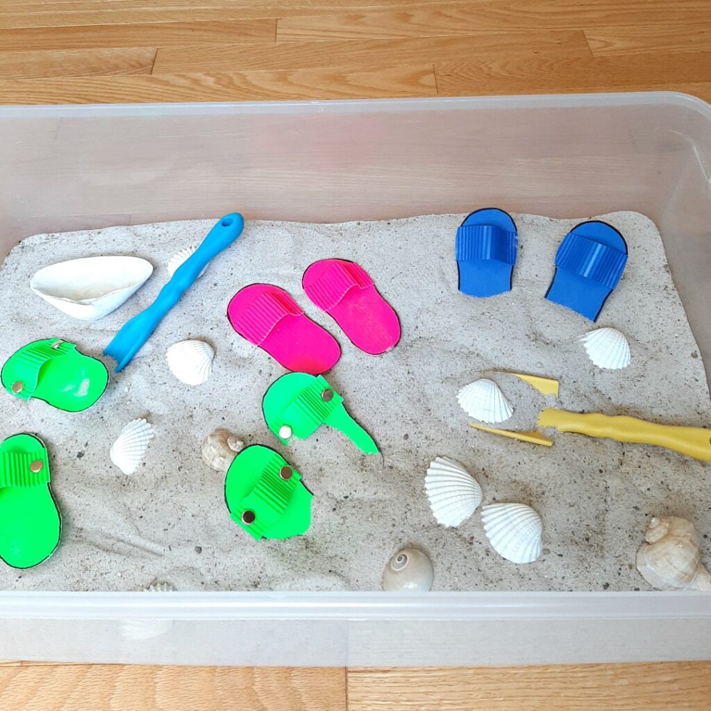 Seashells and Sandals in the Sensory Bin - My Bored Toddler