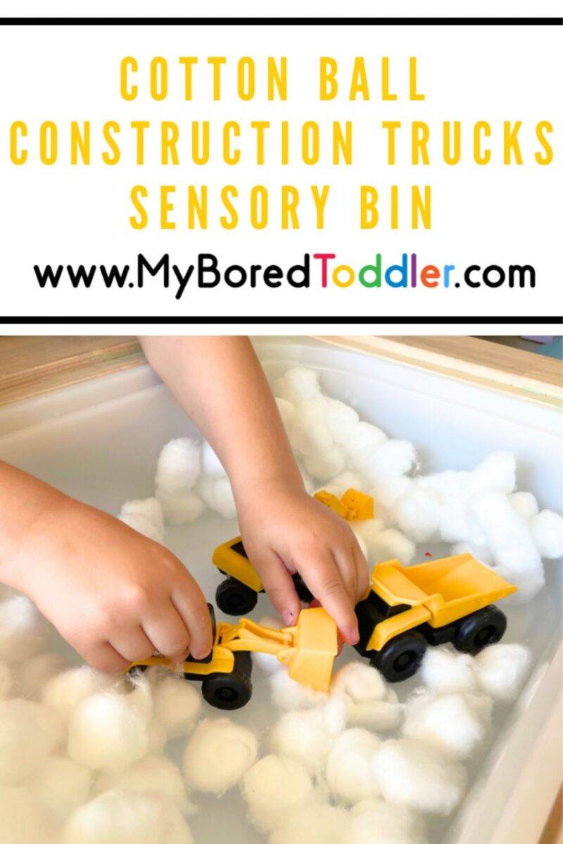 Cotton Ball Construction Trucks Sensory Bin - My Bored Toddler