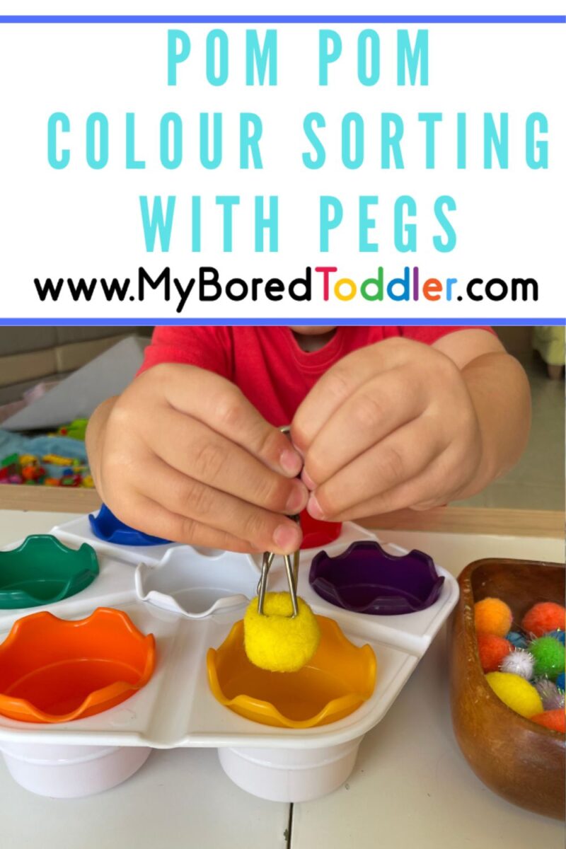 Pom Pom Colour Sorting with Pegs - My Bored Toddler