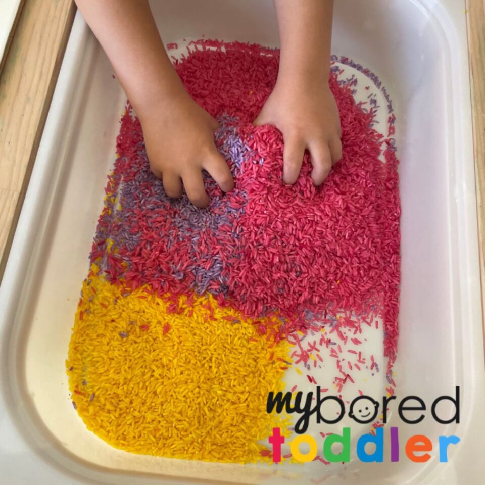 Coloured Rice Pouring Station - My Bored Toddler Fun and Easy Setup!
