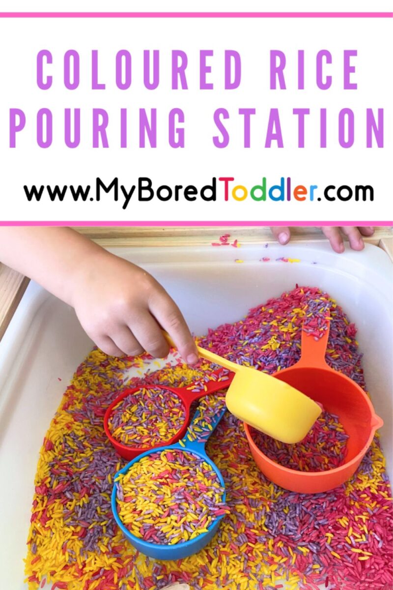 Coloured Rice Pouring Station - My Bored Toddler Fun and Easy Setup!
