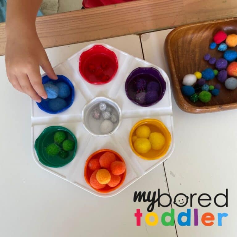 Pom Pom Colour Sorting with Pegs - My Bored Toddler